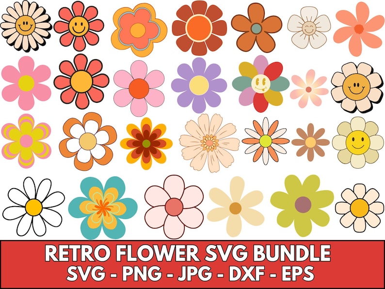 Retro Flowers Svg, Flower Clipart, Daisy Flower Cut File,boho Flower ...