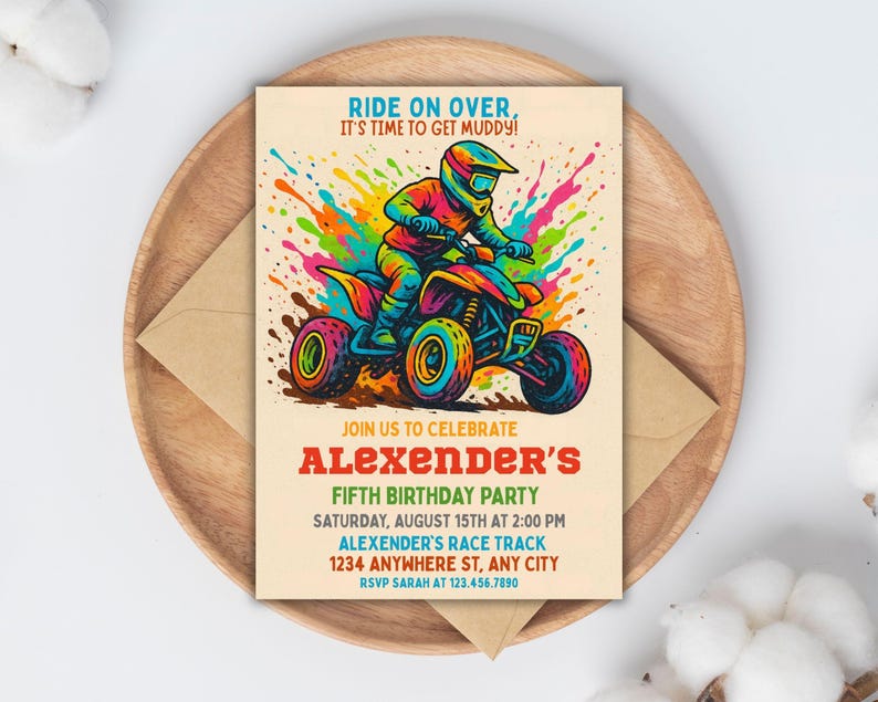 Editable ATV Birthday Invitation: Colorful Four Wheeler (digital ...