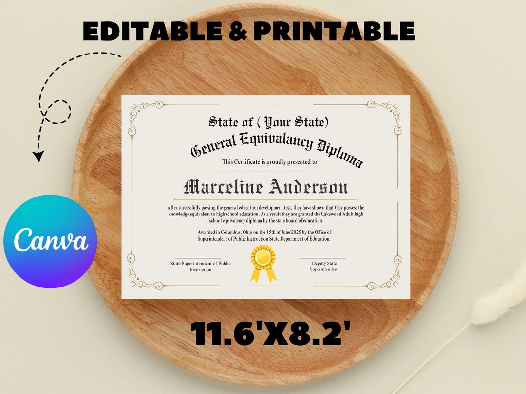 GED Diploma Certificate With Seal, Canva Template, Certificate ...