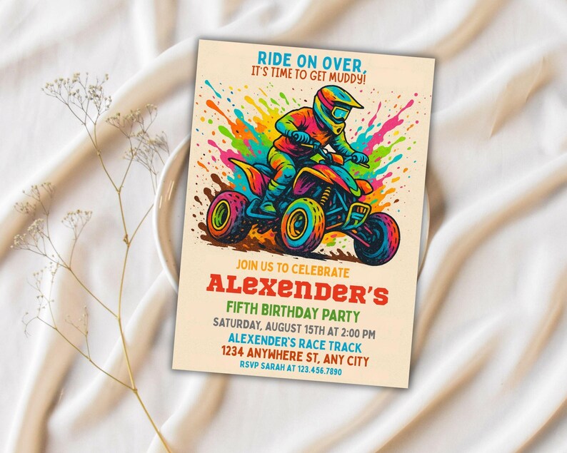 Editable ATV Birthday Invitation: Colorful Four Wheeler (digital ...
