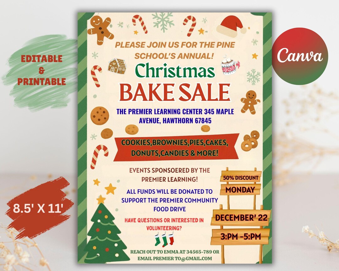 Christmas Bake Sale Flyer, Editable Canva Template, School Fundraiser ...