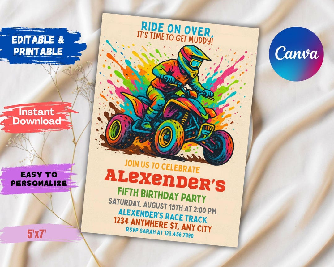 Editable ATV Birthday Invitation: Colorful Four Wheeler (digital ...