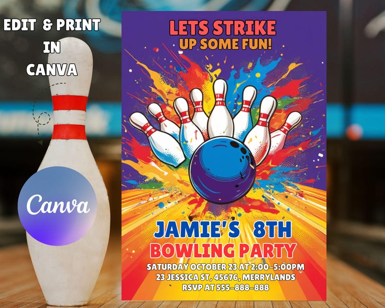 Editable Bowling Party Invitation Template: Sports Birthday Invite ...