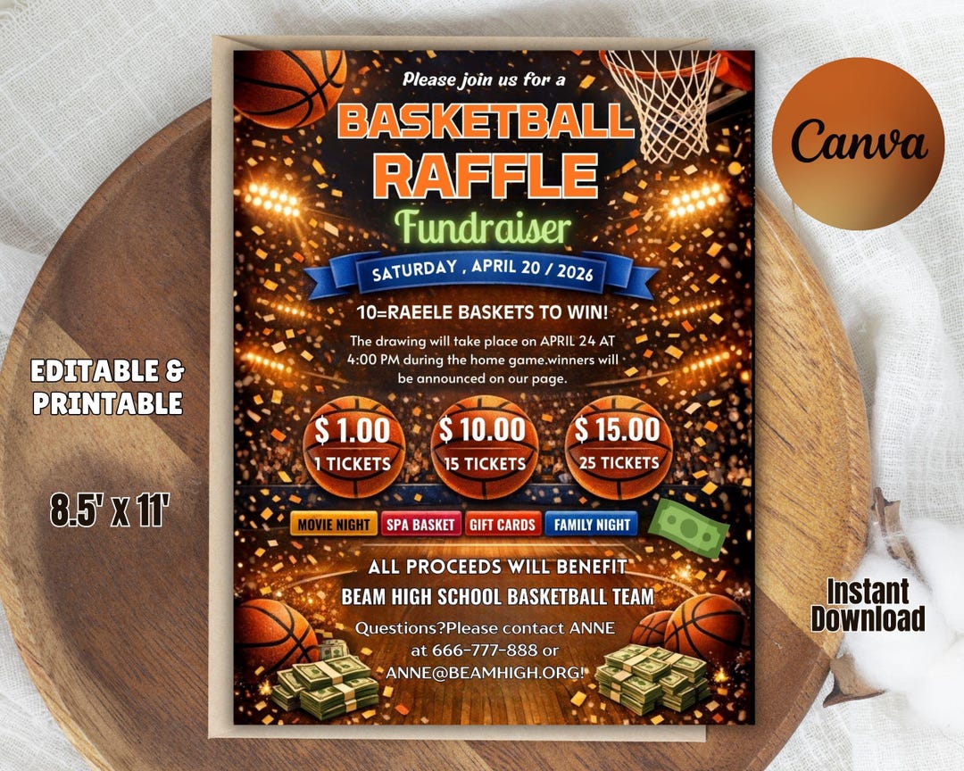 Editable Basketball Raffle Fundraiser Flyer (8.5x11 Inches) (digital ...