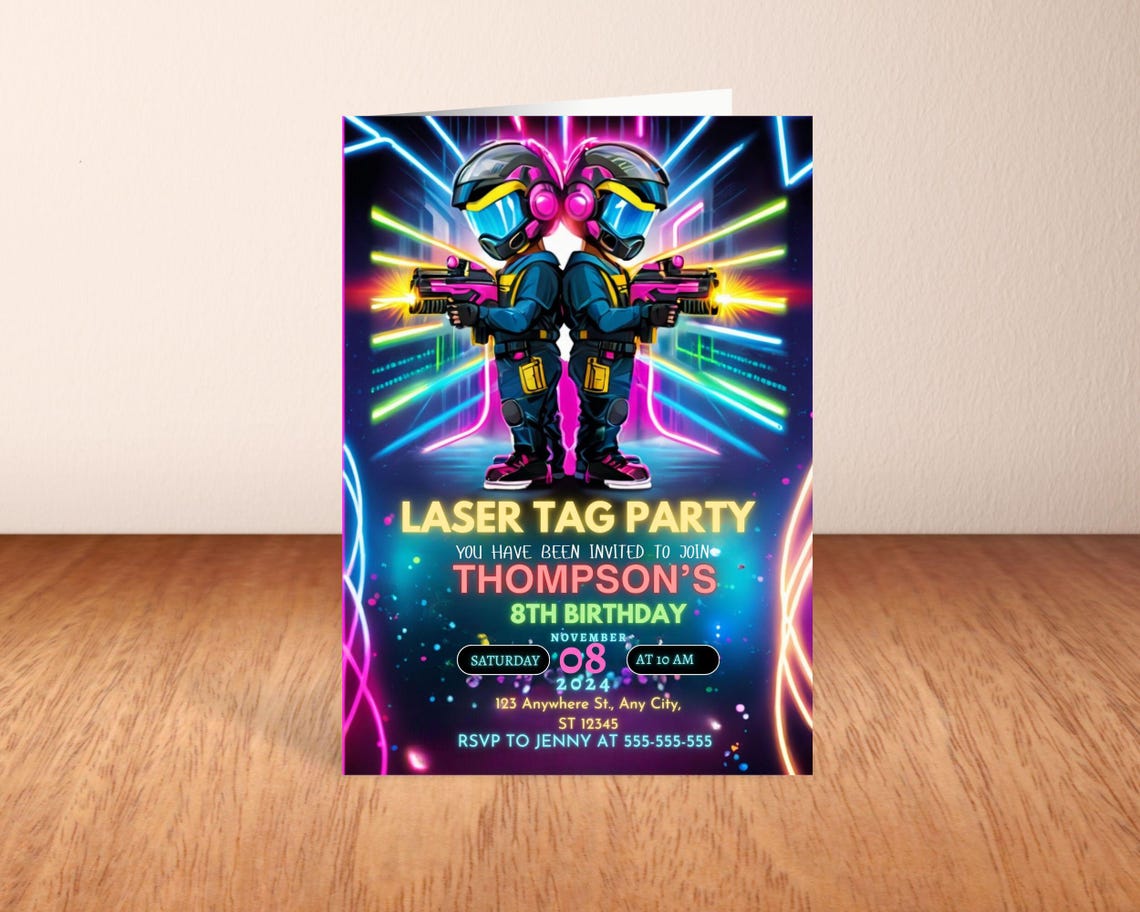 Laser Tag Invitation, Laser Tag Birthday Party Invitation, Neon Glow ...