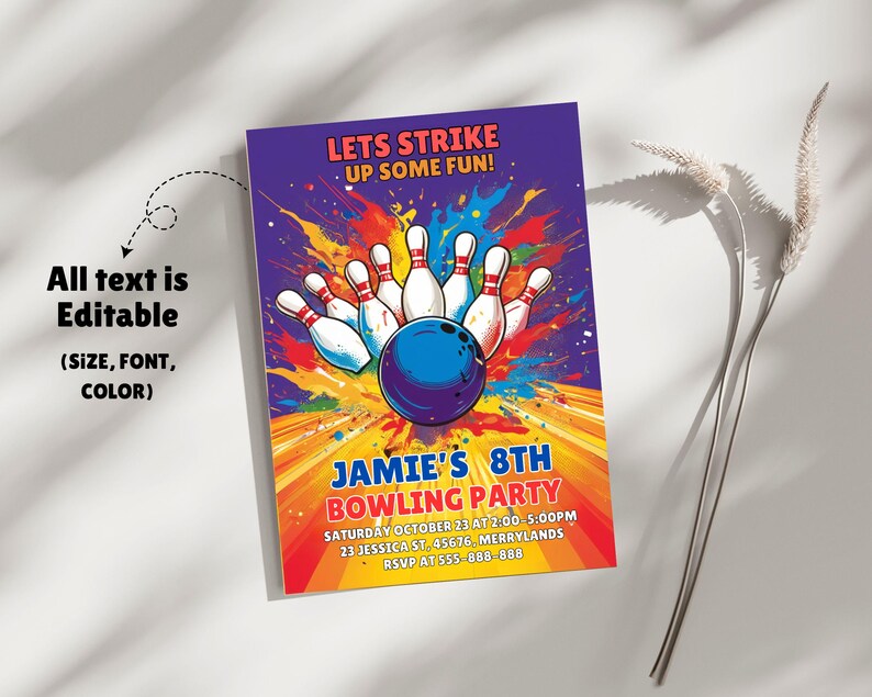Editable Bowling Party Invitation Template: Sports Birthday Invite ...