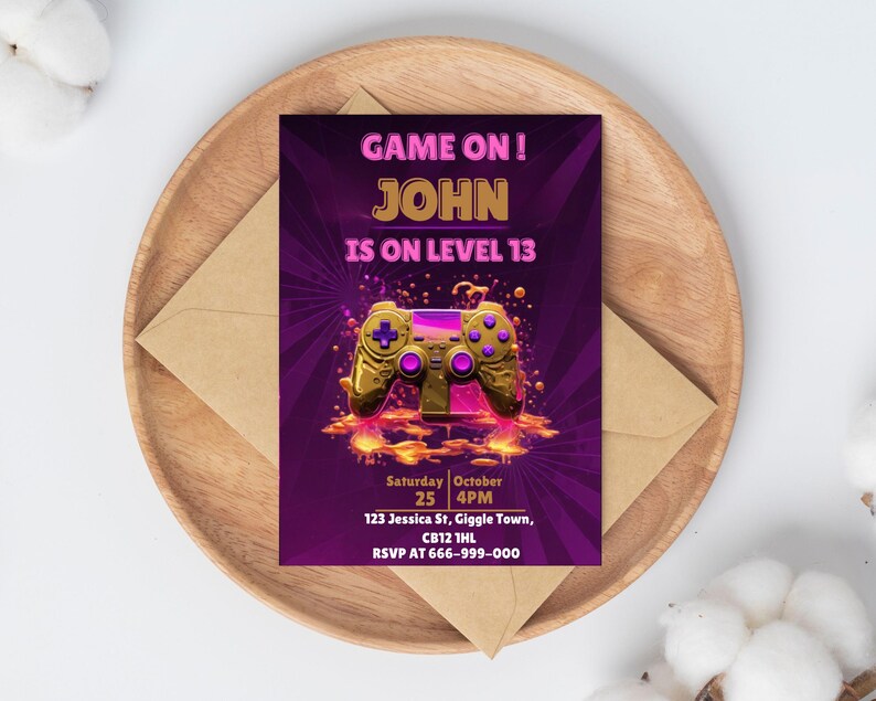 Video Gaming Birthday Party Invitation Template Game on Party Level up ...