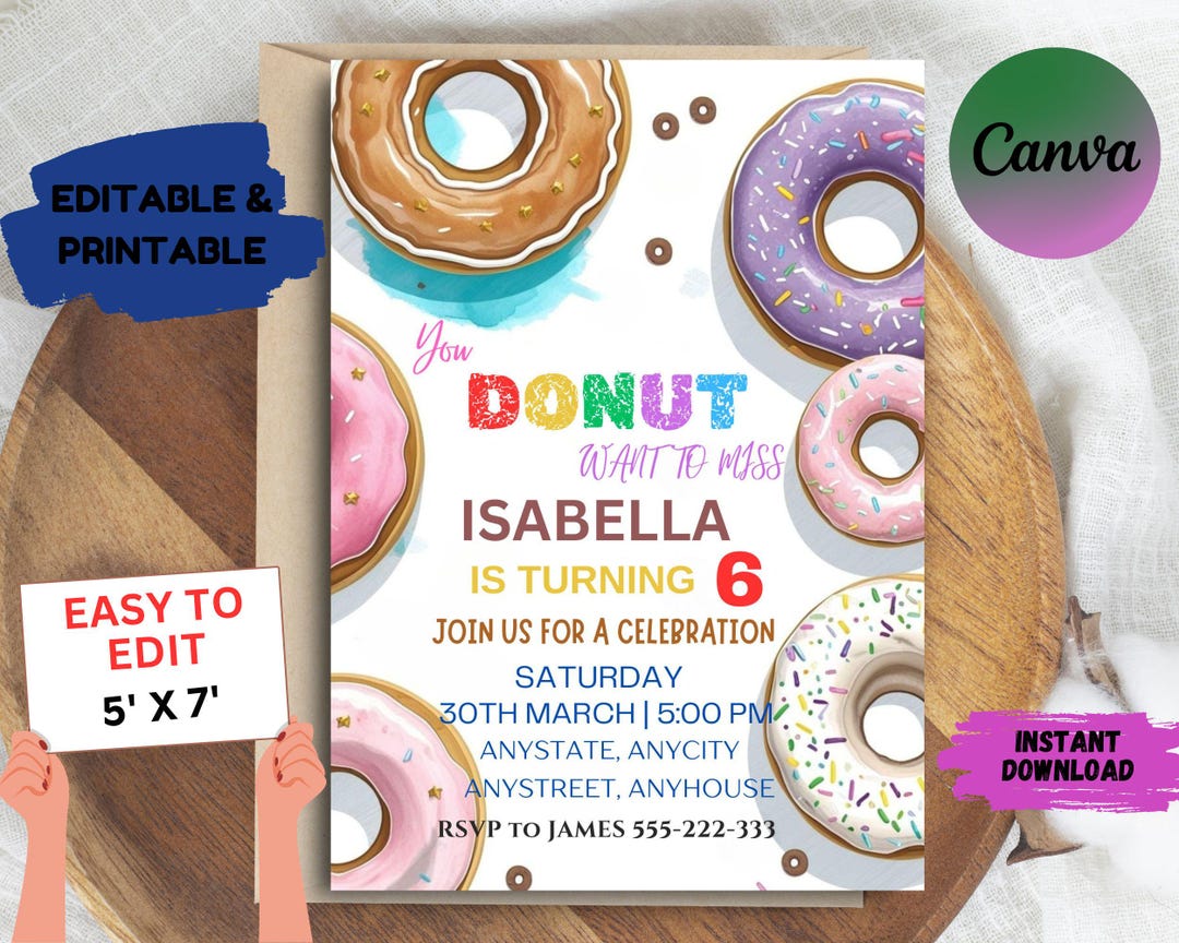 Editable Donut Birthday Invitation Template, Donut Birthday Invitation ...