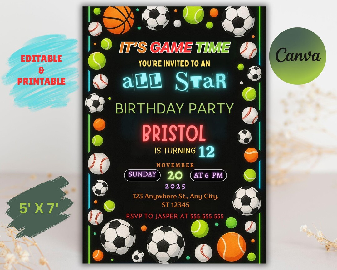 Editable All Star Sports Invitation, Sport Birthday Invitation Template ...