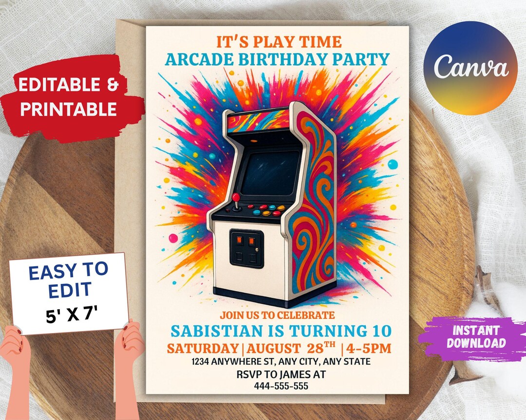 Arcade Birthday Invitation: Retro Video Game Party, Editable Canva ...