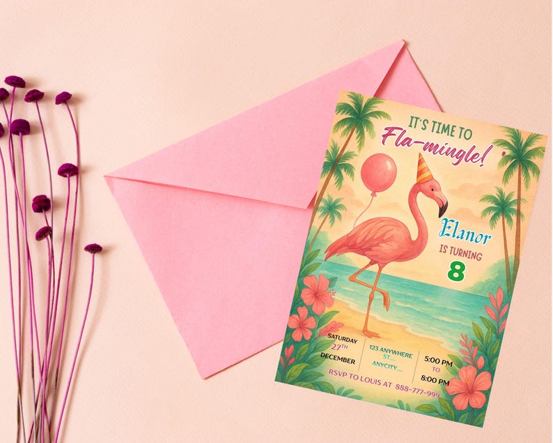 Flamingo Birthday Invitation, Flamingo Birthday Party Invitation, Pink ...