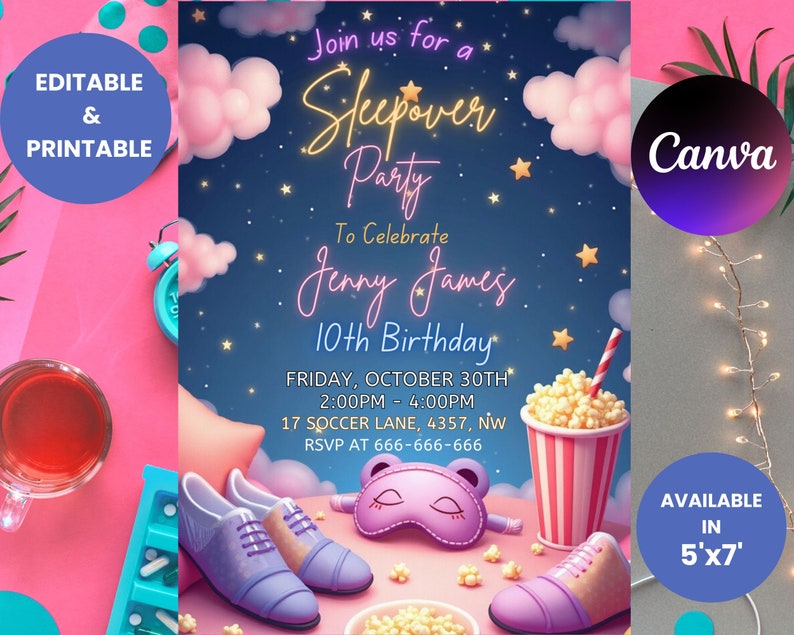 Sleepover Birthday Invitation: Retro Neon, Editable Template (instant ...