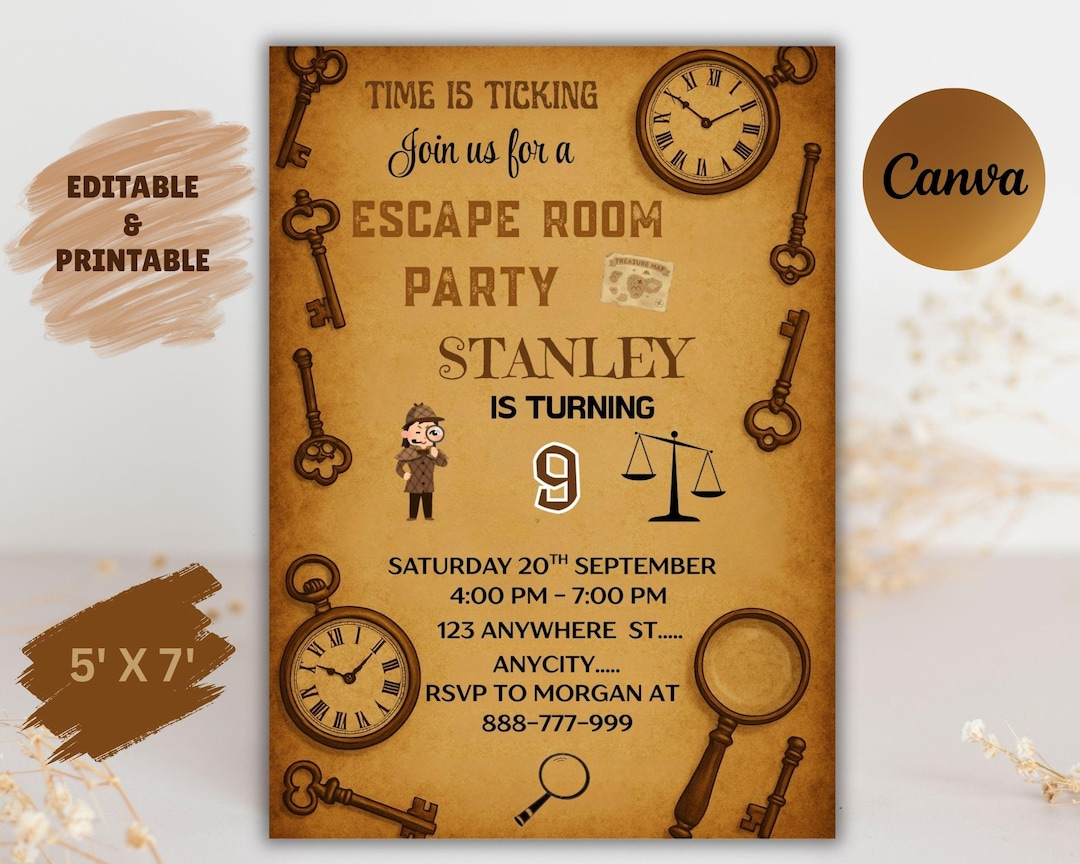 Editable Escape Room Birthday Party Invitation - Canva Template (5x7 In ...