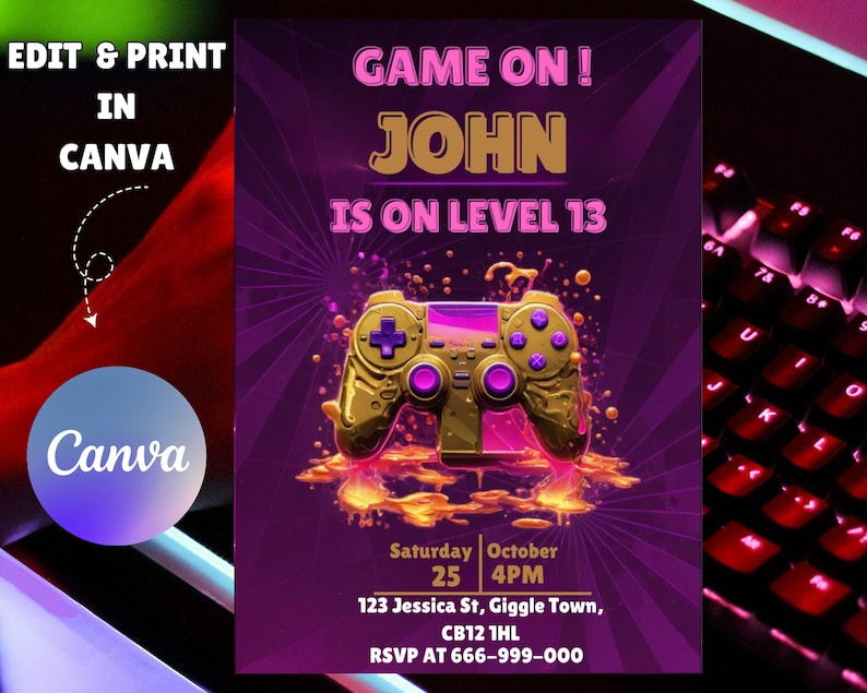 Video Gaming Birthday Party Invitation Template Game on Party Level up ...