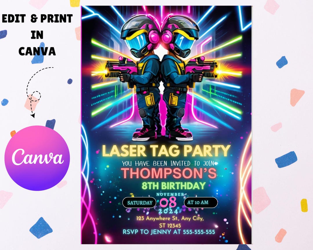Laser Tag Invitation, Laser Tag Birthday Party Invitation, Neon Glow ...