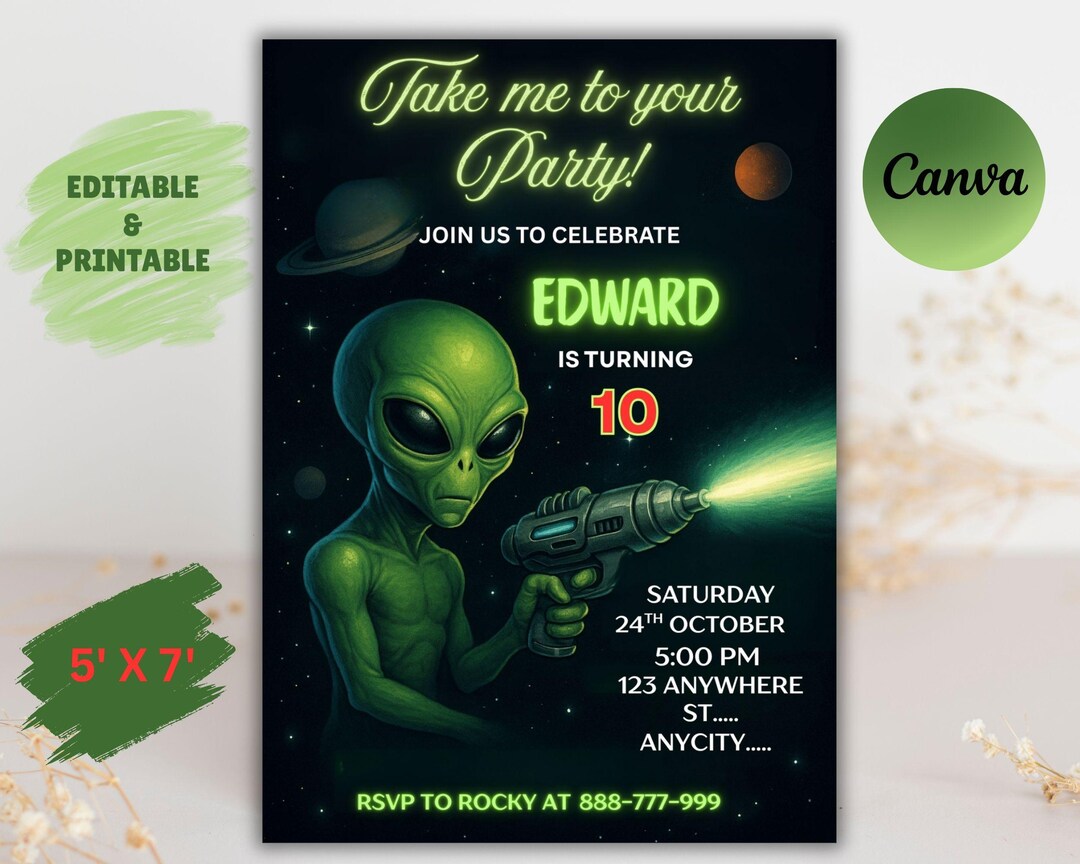 Editable Alien Birthday Invitation Template: UFO Spaceship Party ...
