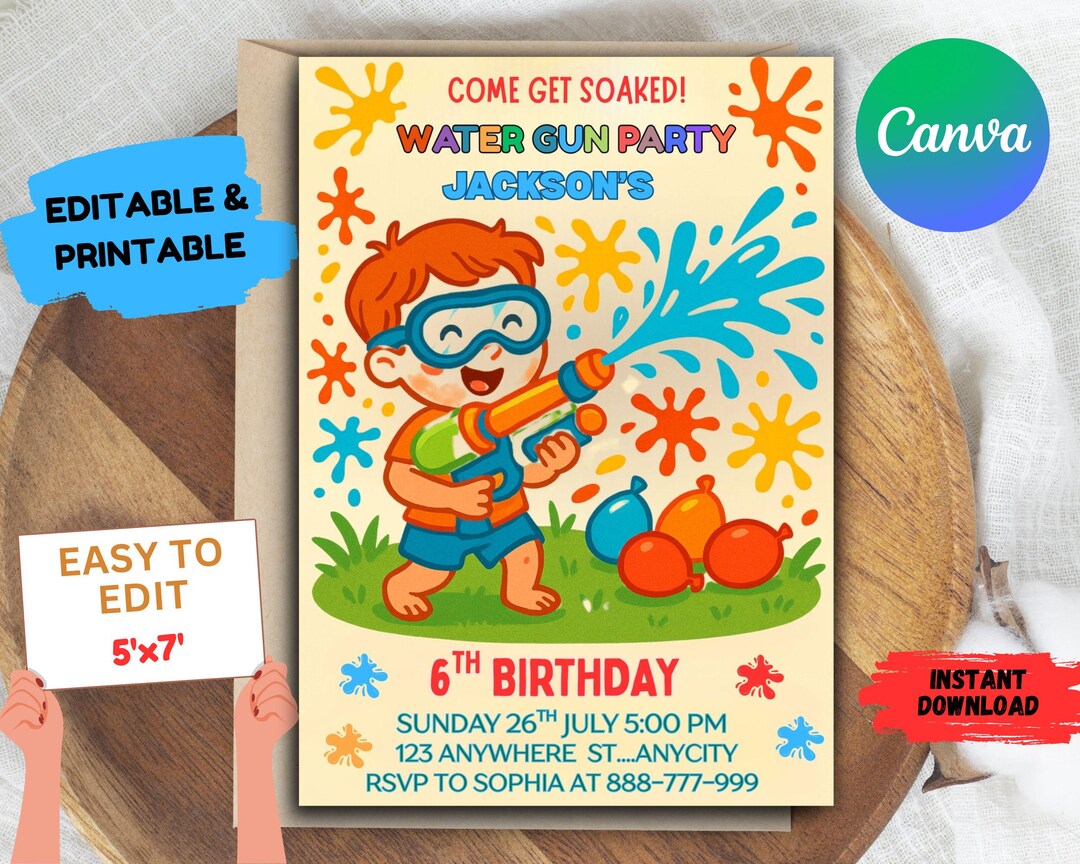 Water Gun Birthday Invitation, Pool Party Invitation, Water Gun Bash ...