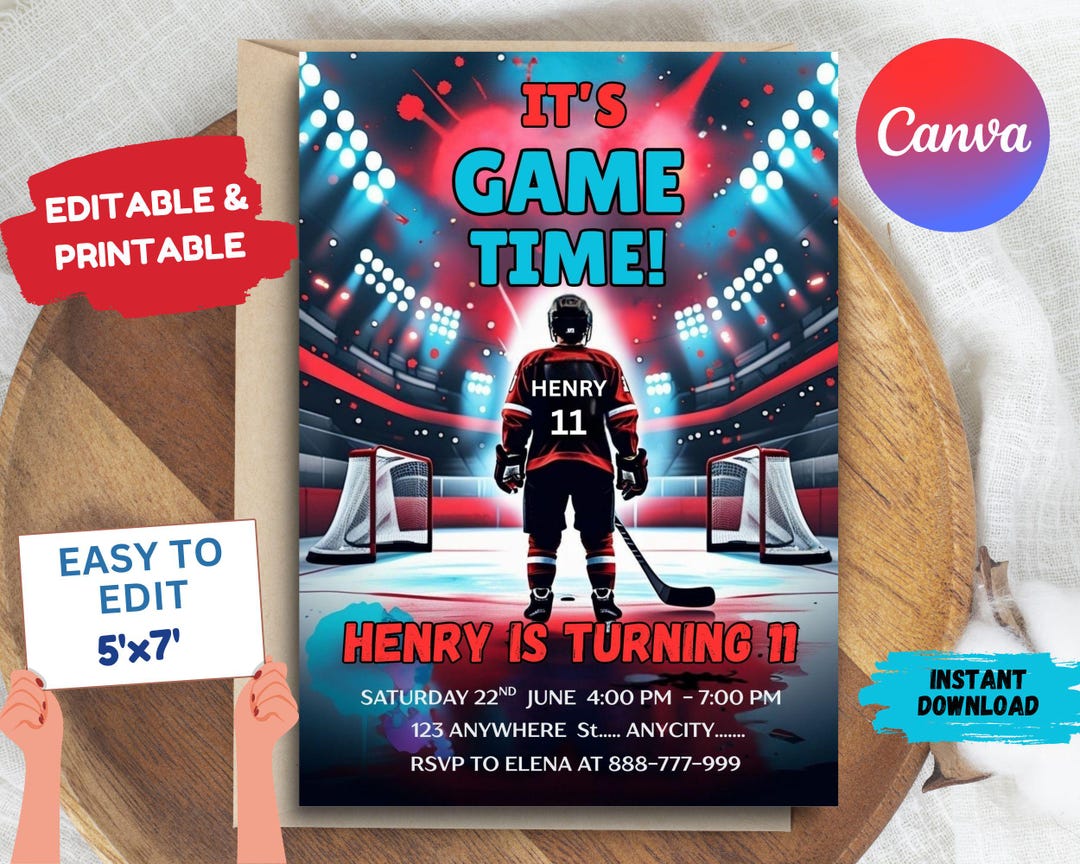 Ice Hockey Birthday Invitation: Sport Party Invite (5x7 Inches, Digital ...