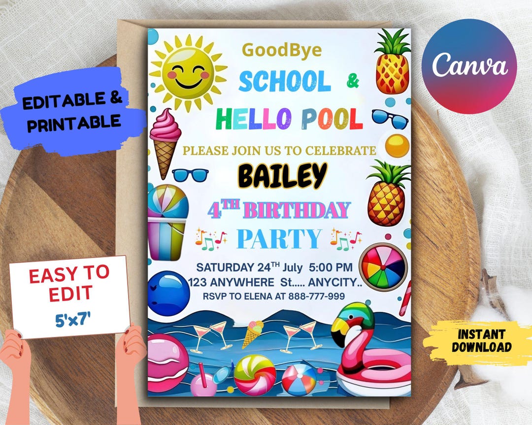 Editable Goodbye School Hello Summer Invitation: Beach Party Template ...