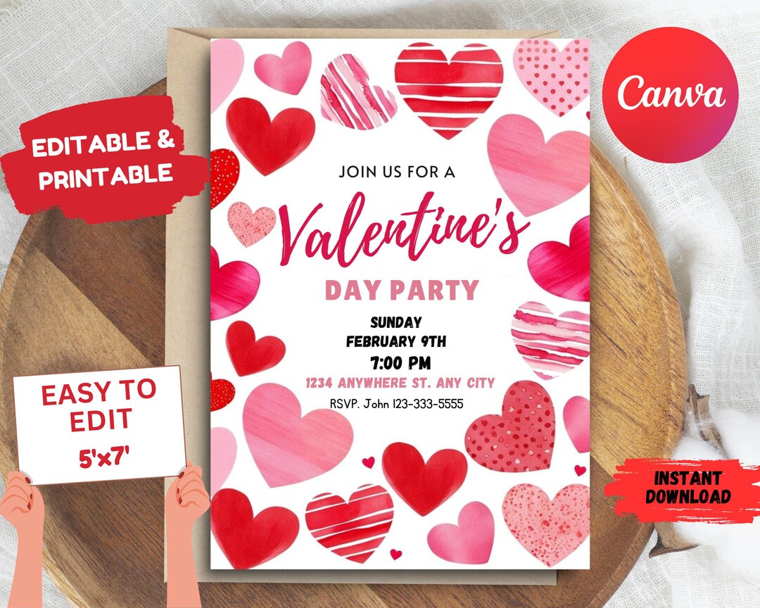 Editable Valentine Day Party Invitation, Heart Couples Party Invitation ...