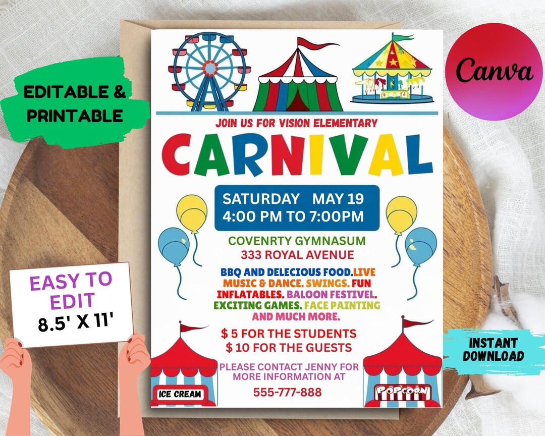 Editable Carnival Flyer Template School Invitation Fundraiser Instant ...
