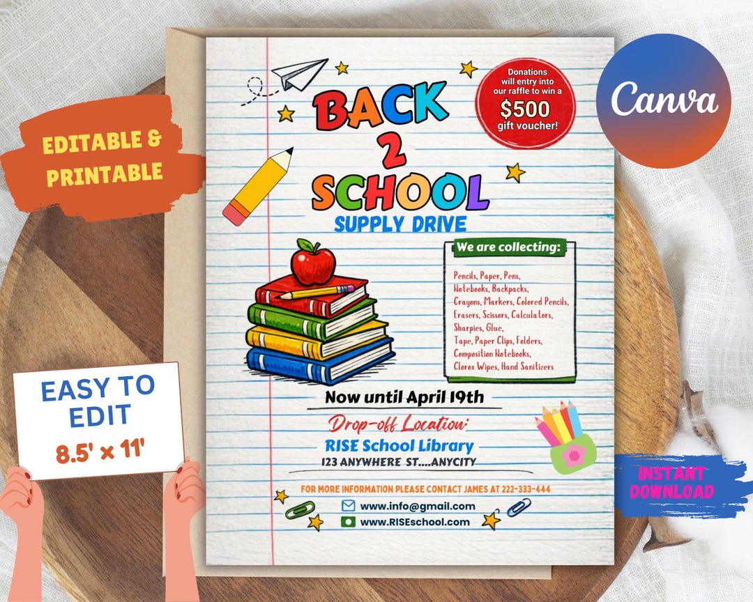 Editable School Supply Drive Flyer, Printable PTA Fundraiser Poster (8 ...