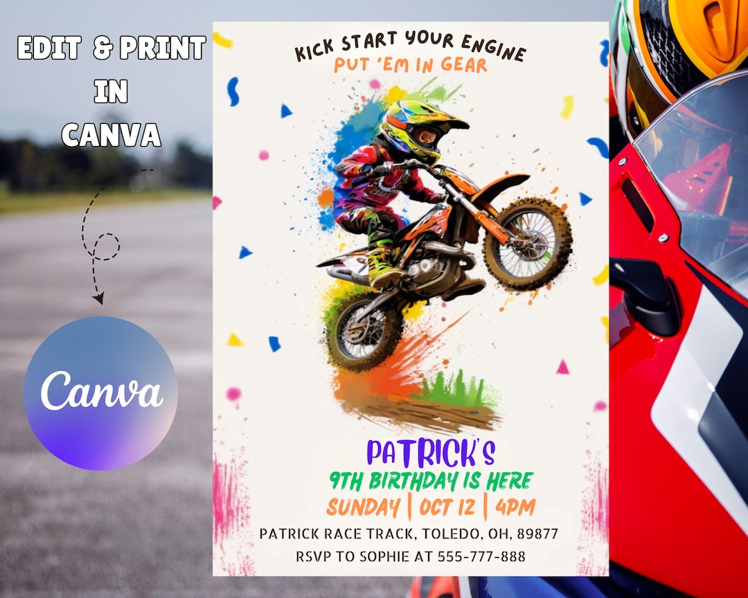 Editable Motorbike Birthday Party Invitation: Dirt Bike Motocross ...