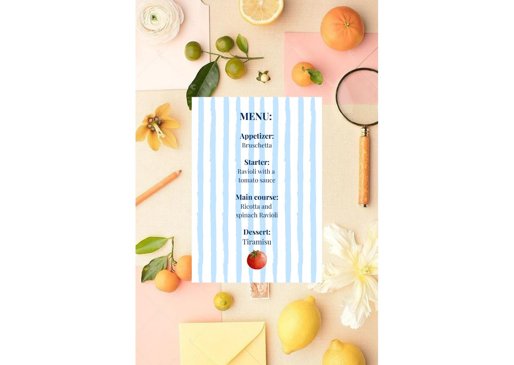 Tomato Summer Menu Template | A5 Canva Editable | Italian Dinner Menu ...