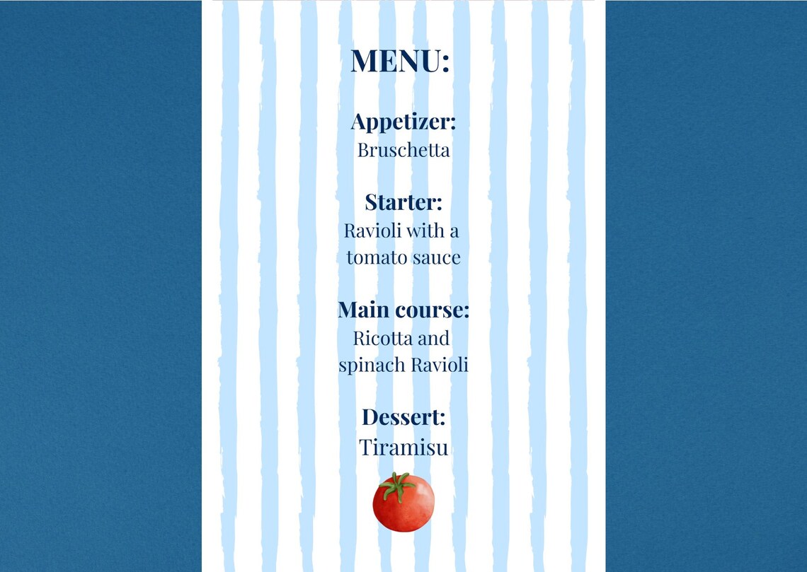 Tomato Summer Menu Template | A5 Canva Editable | Italian Dinner Menu ...