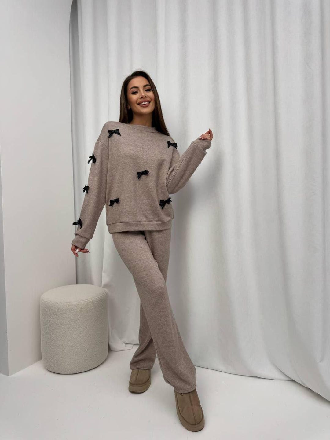 Angora Trouser Suit, Golden Beige, Wool Knitted, Sweater and Straight ...