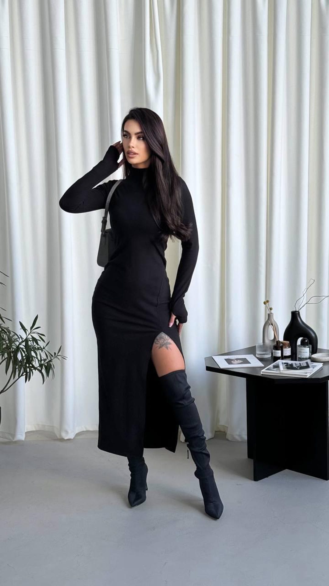 Dress With a Cutout Under the Finger, Casual Long Sleeve Dress, Warm ...