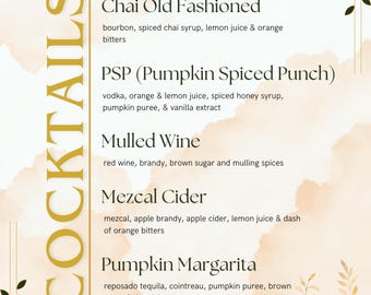 FALL COCKTAIL MENU Template | Autumn Drinks | Canva Template | Drink ...