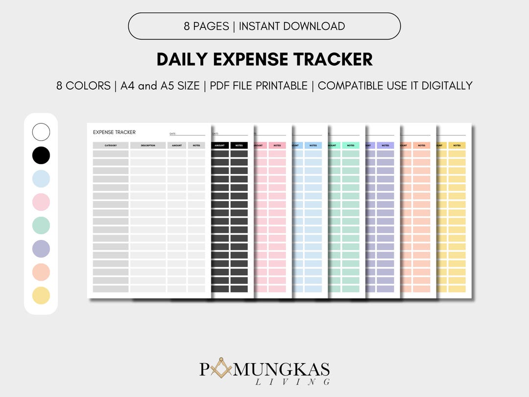 Printable Daily Expense Tracker PDF 8 Colors A4 & A5 Sizes Budget Log ...