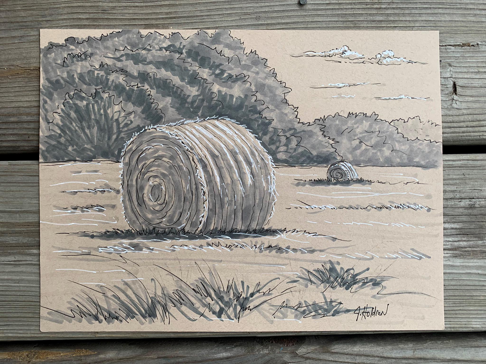 Original Drawing Rural Hay Bales Farm Landscape - Etsy