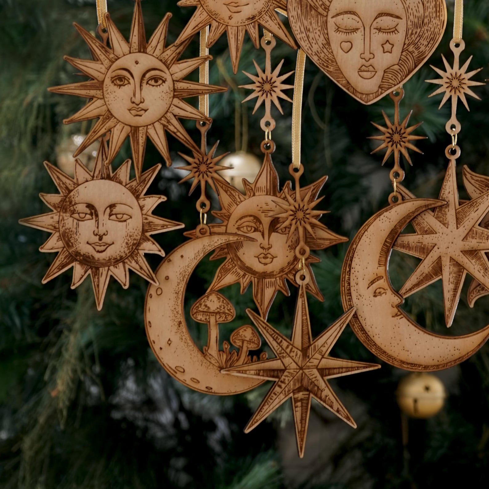 Celestial Tree Ornaments Bundle, Engraved Christmas Ornaments, Wooden Ornaments, Holiday ...