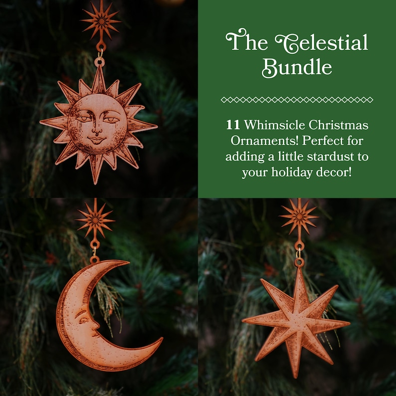 Celestial Tree Ornaments Bundle, Engraved Christmas Ornaments, Wooden ...