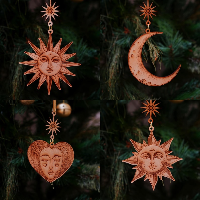 Celestial Tree Ornaments Bundle, Engraved Christmas Ornaments, Wooden Ornaments, Holiday ...