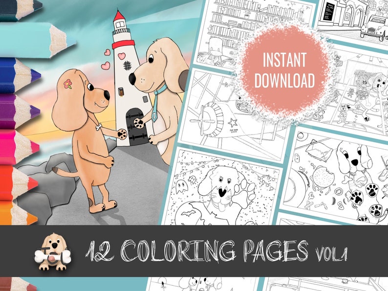 12 Cute Dog Coloring Pages for Kids & Adults Jou Vol 1 Stress Relief ...