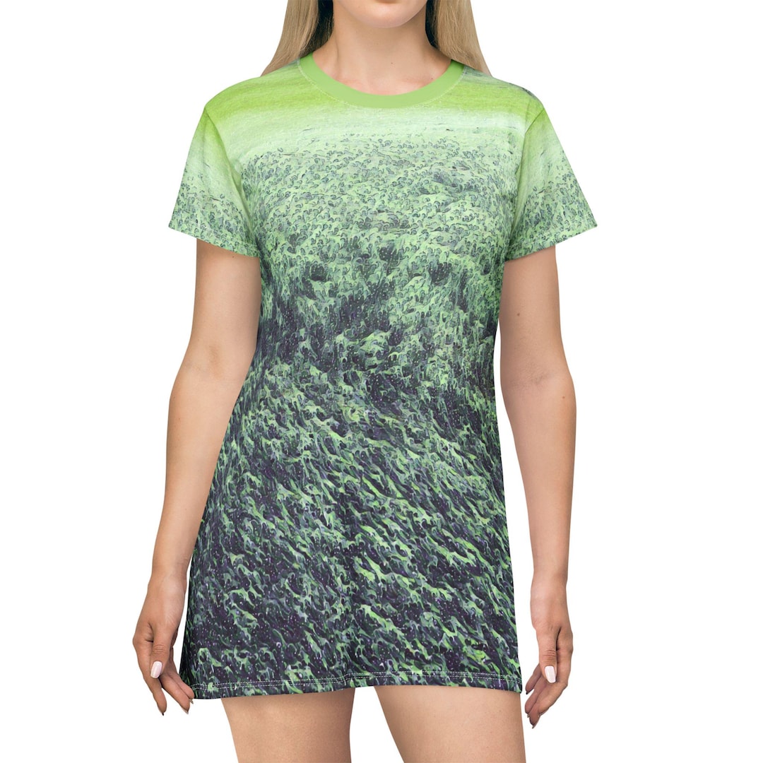 Grass Transformation T-shirt Dress, Women's Blue Green Natural Textures ...