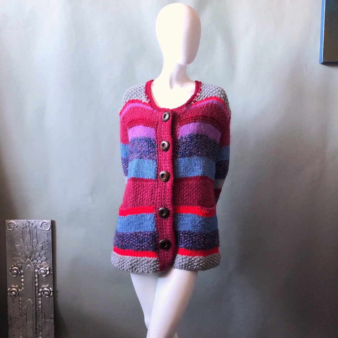 Vintage Rainbow Stripe Hand Knit Cardigan Sweater / 1970s 80s Colorful ...