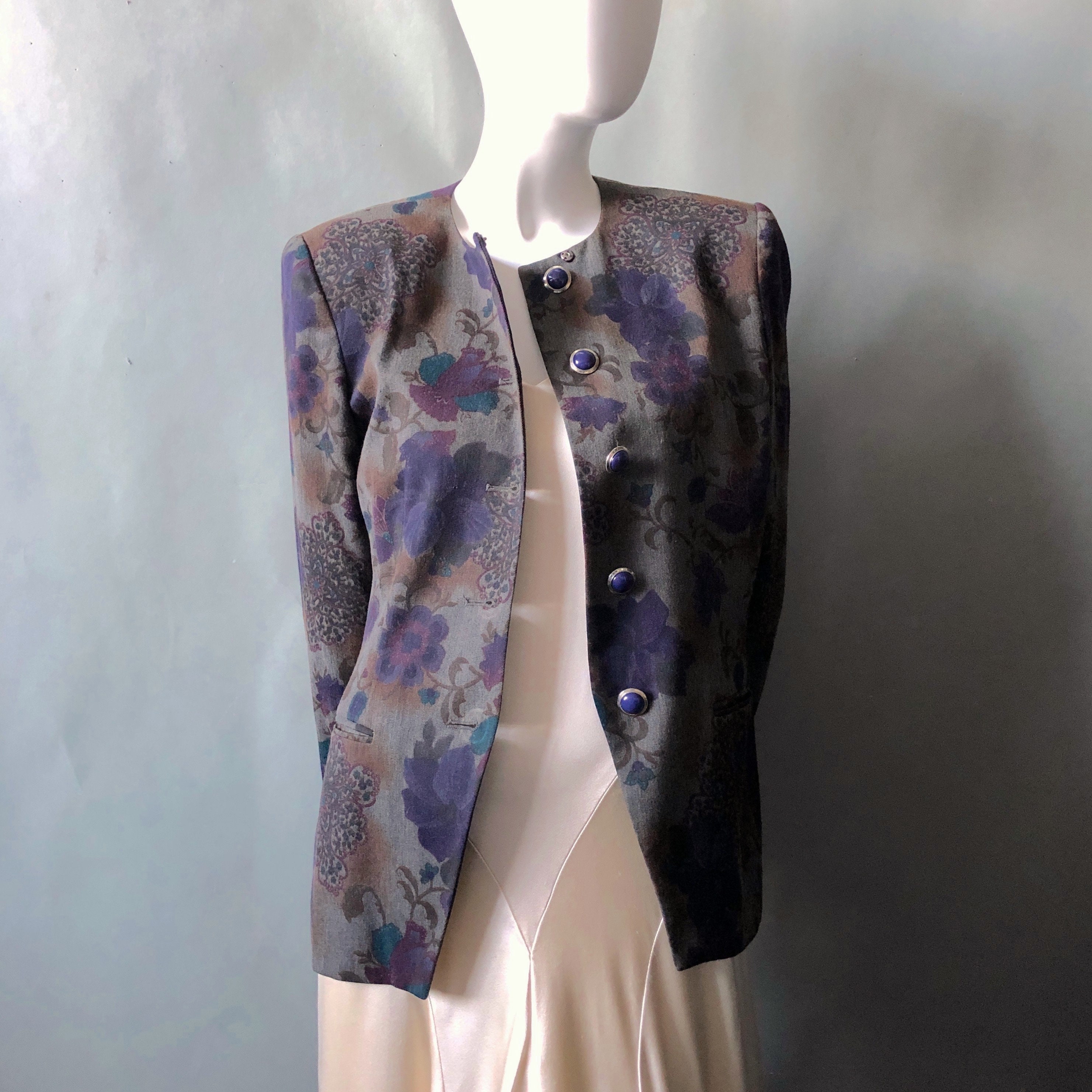 Vintage 80s Blazer Wool Twill Floral Print / Kasper ASL Sz 6 / - Etsy