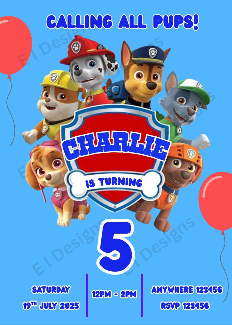 Paw Patrol Theme Birthday Invitation | Childs Birthday Invitation ...