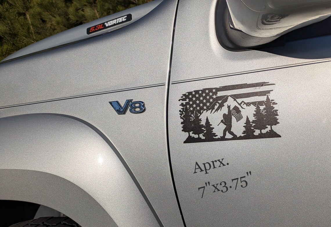 Sasquatch Bigfoot American Flag Trees and Mountains Decals / Stickers ...