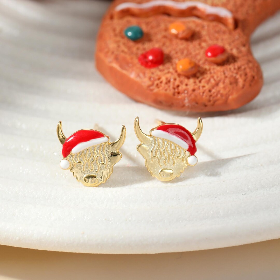 Highland Cow Earrings With Santa Hat, Sterling Silver Christmas Studs ...