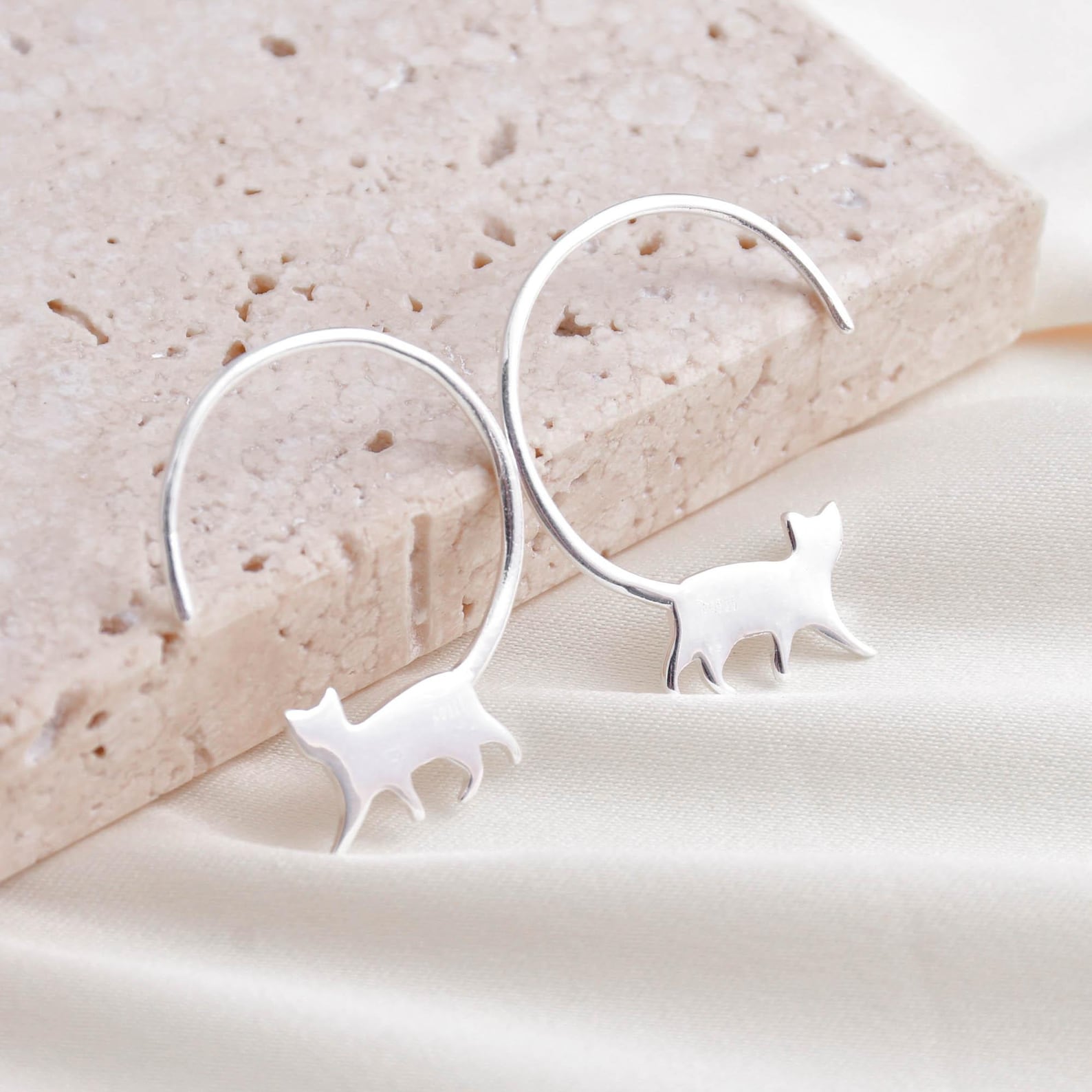 Cat Hoop Earrings in Sterling Silver, Silver Hoop Earrings, Half Hoop ...