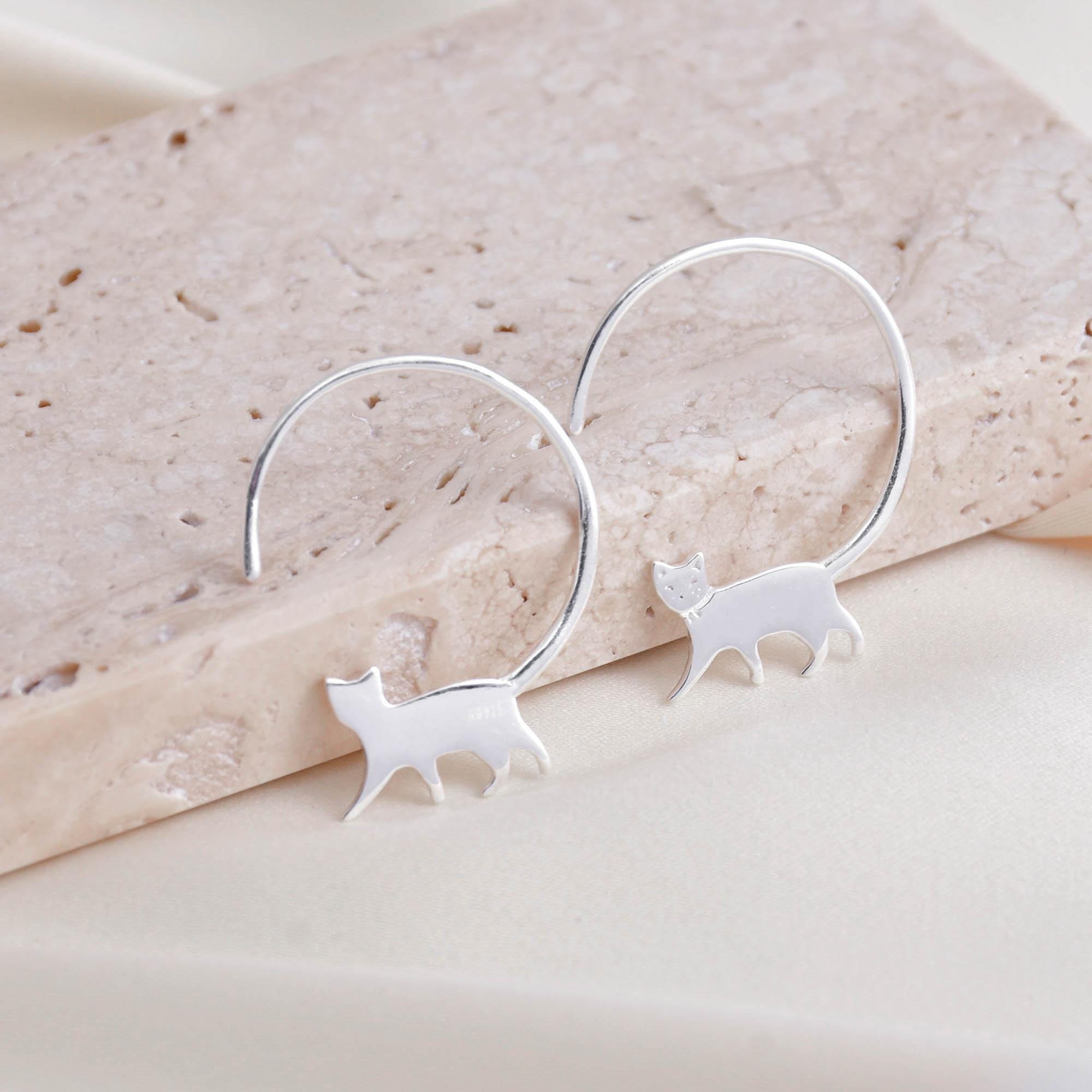 Cat Hoop Earrings in Sterling Silver, Silver Hoop Earrings, Half Hoop ...