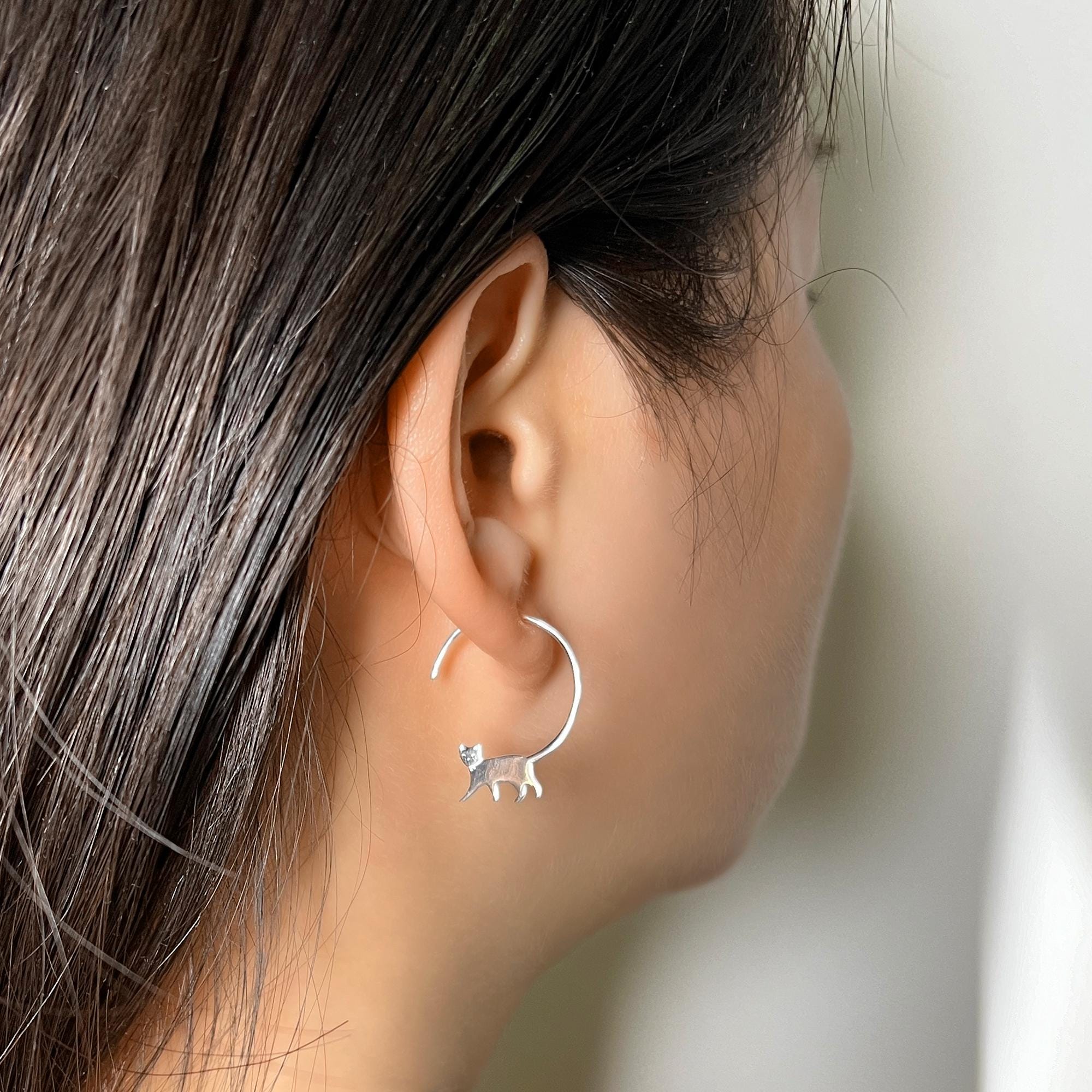 Cat Hoop Earrings in Sterling Silver, Silver Hoop Earrings, Half Hoop ...