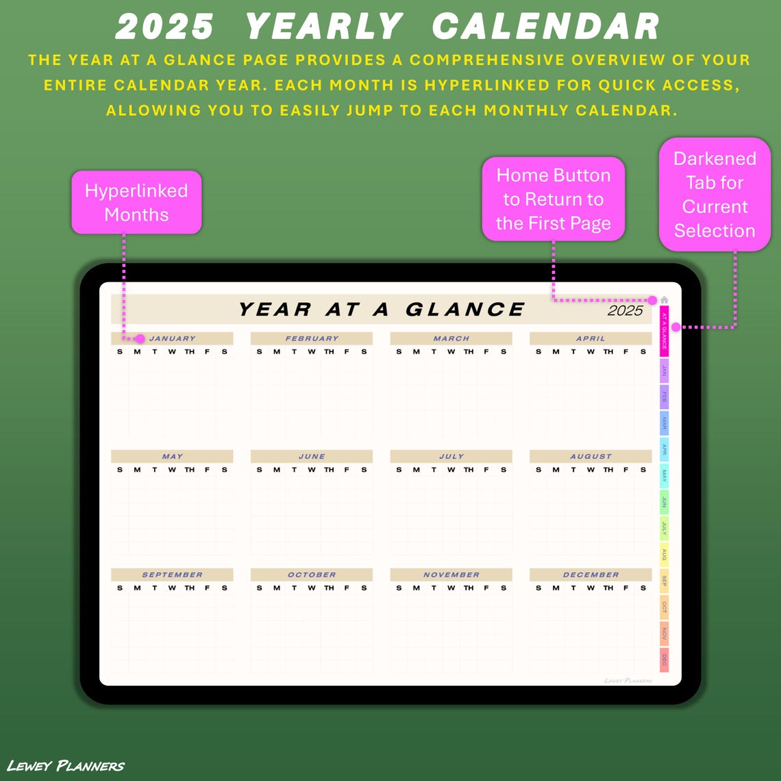 Undated Digital Monthly Calendar for Goodnotes, 2025 Year at A Glance ...