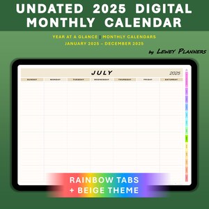 Undated Digital Monthly Calendar for Goodnotes, 2025 Year at A Glance ...