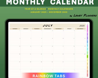 Undated Digital Monthly Calendar for Goodnotes, 2025 Year at A Glance ...